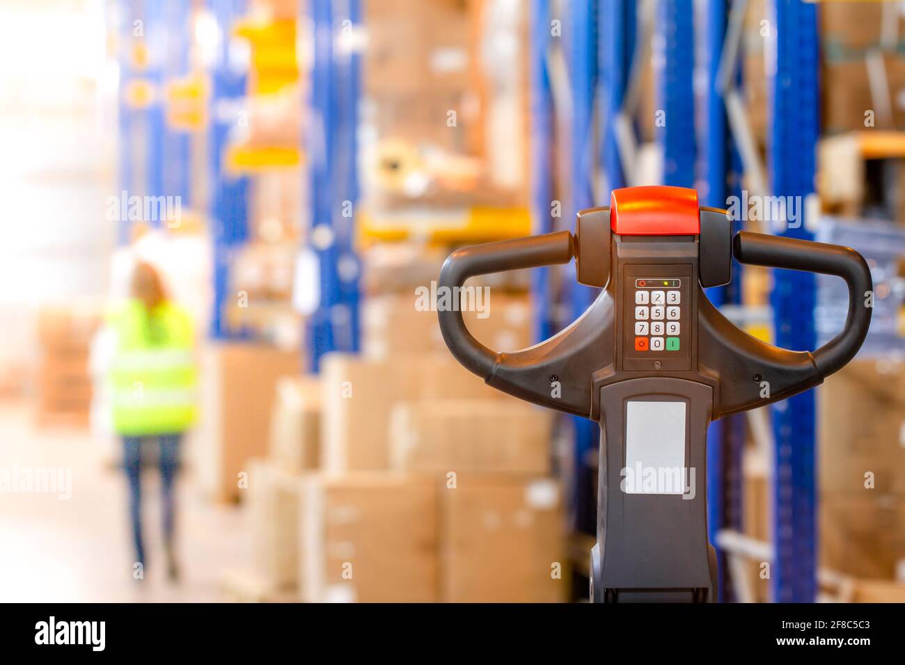 Electric forklift pallet jack controller close up view in a modern ...