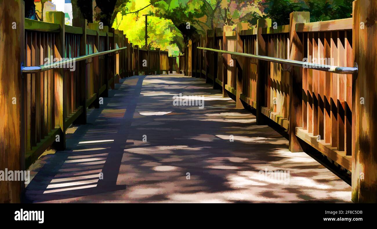 Wooden walkway, with round, stainless steel bars Stock Photo - Alamy