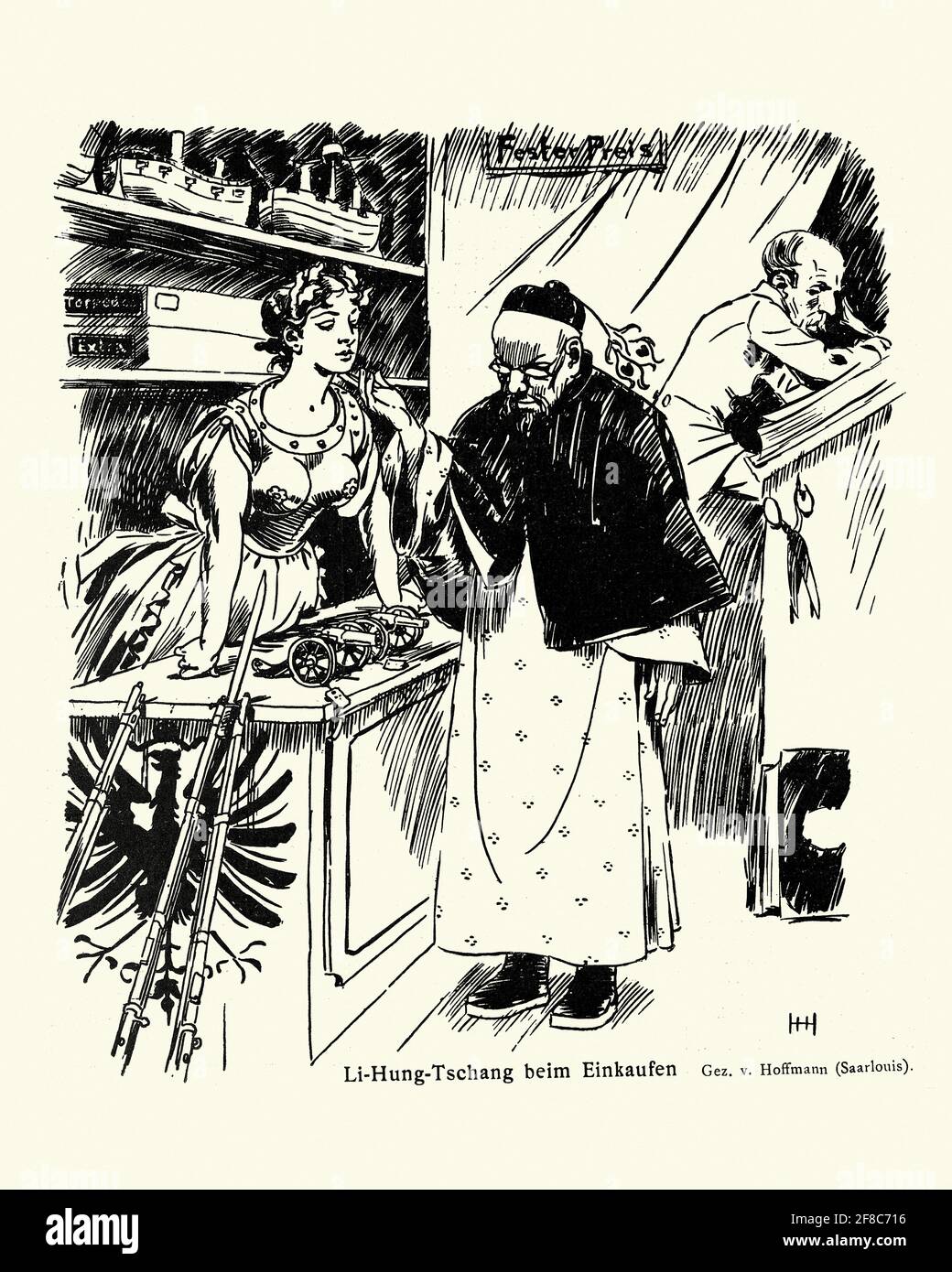 Vintage illustration of Victorian cartoon, Li Hongzhang shopping to ...