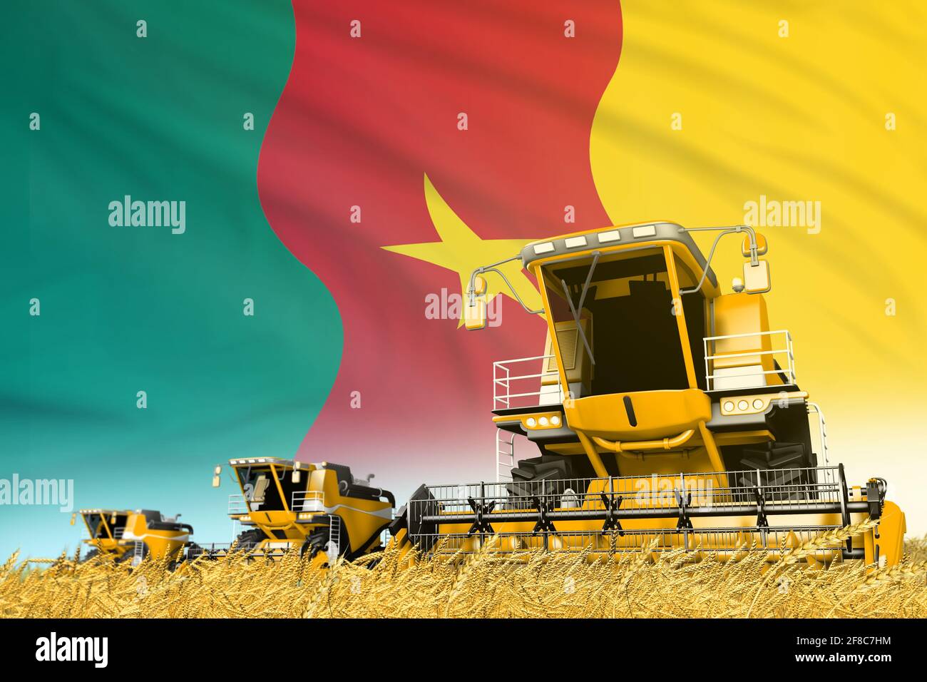 yellow wheat agricultural combine harvester on field with Cameroon flag background, food ...