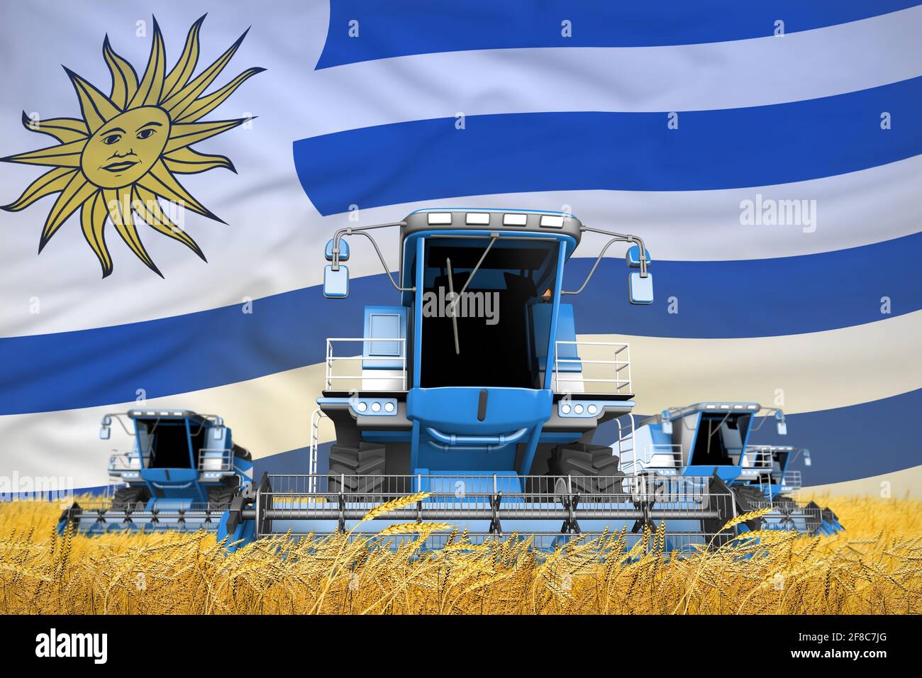4 light blue combine harvesters on wheat field with flag background ...