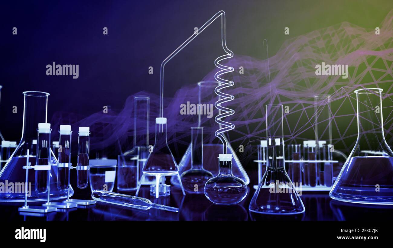 lab test-tubes and other various glassware with digital effects ...