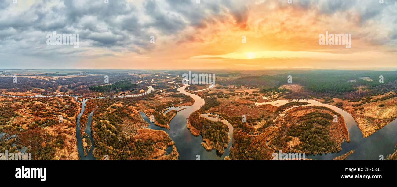 Sunrise over river in walley, aerial view. Nature landscape. Panorama ...