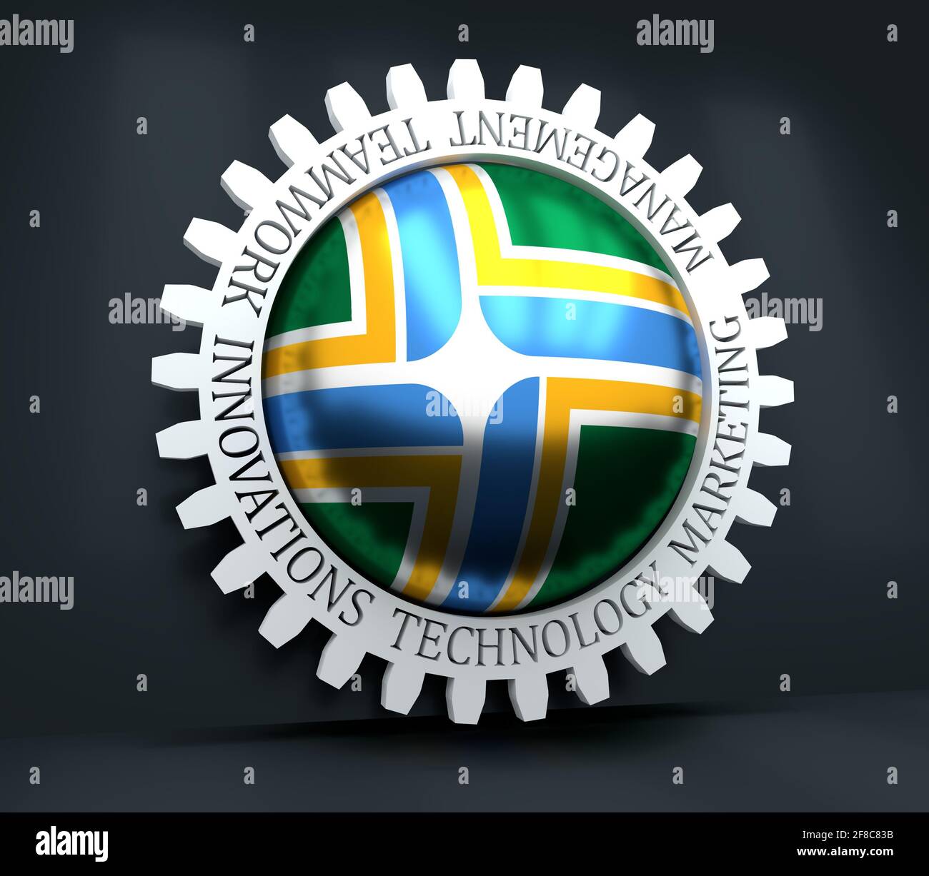 Cog wheel with Portland flag. Precision machinery relative backdrop. 3D ...