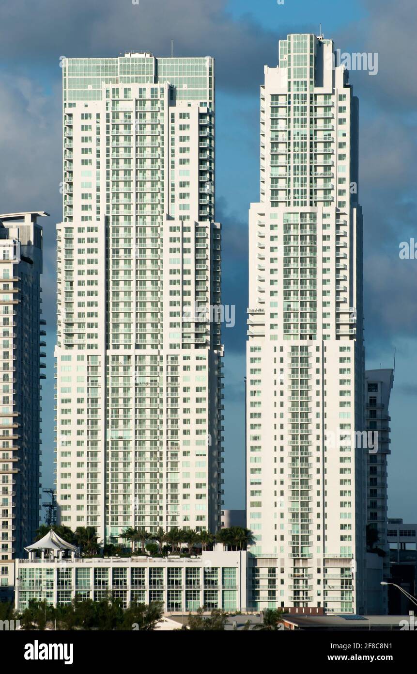 Miami downtown white color residential skyscrapers in a sunrise light ...