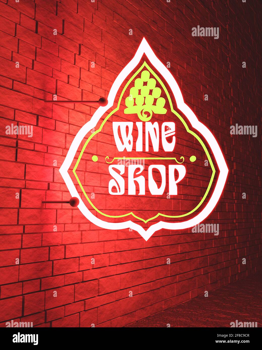 Wine shop emblem design. 3D rendering. Neon bulb street sign ...