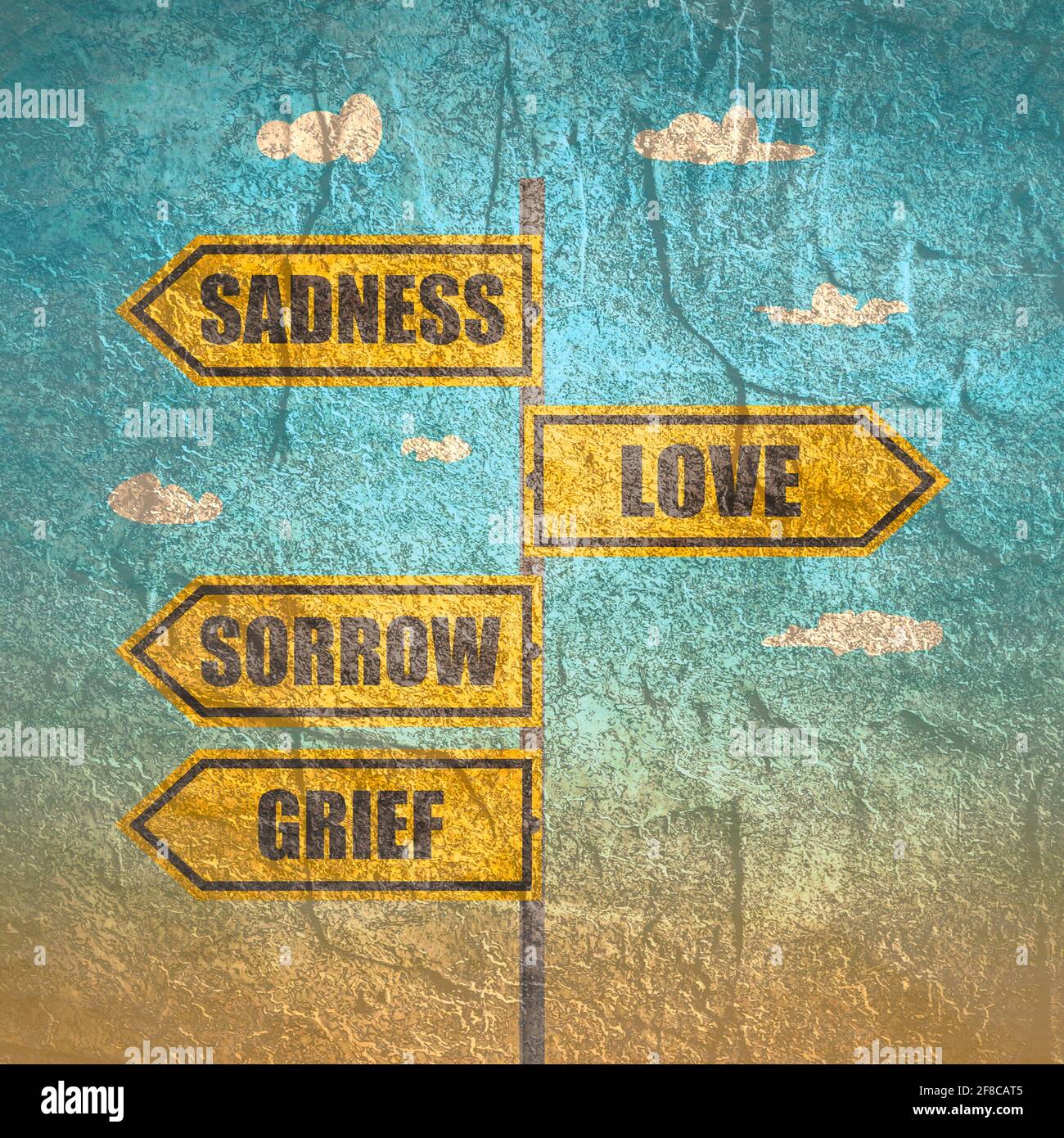 Road signs with sadness, sorrow, grief and love words pointing in ...