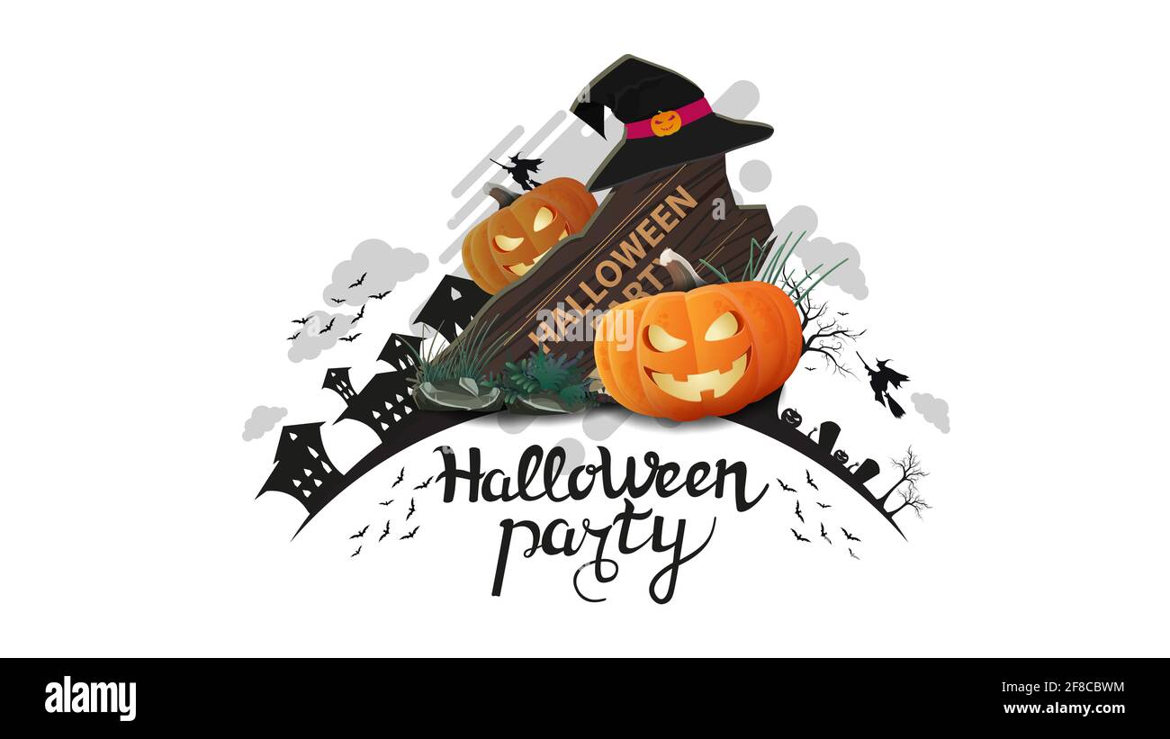 Halloween party, white invitation poster withwooden sign, witch hat and ...