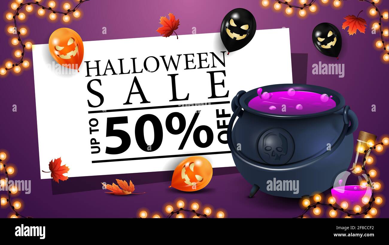Halloween sale, up to 50 off, purple discount banner with witch's ...