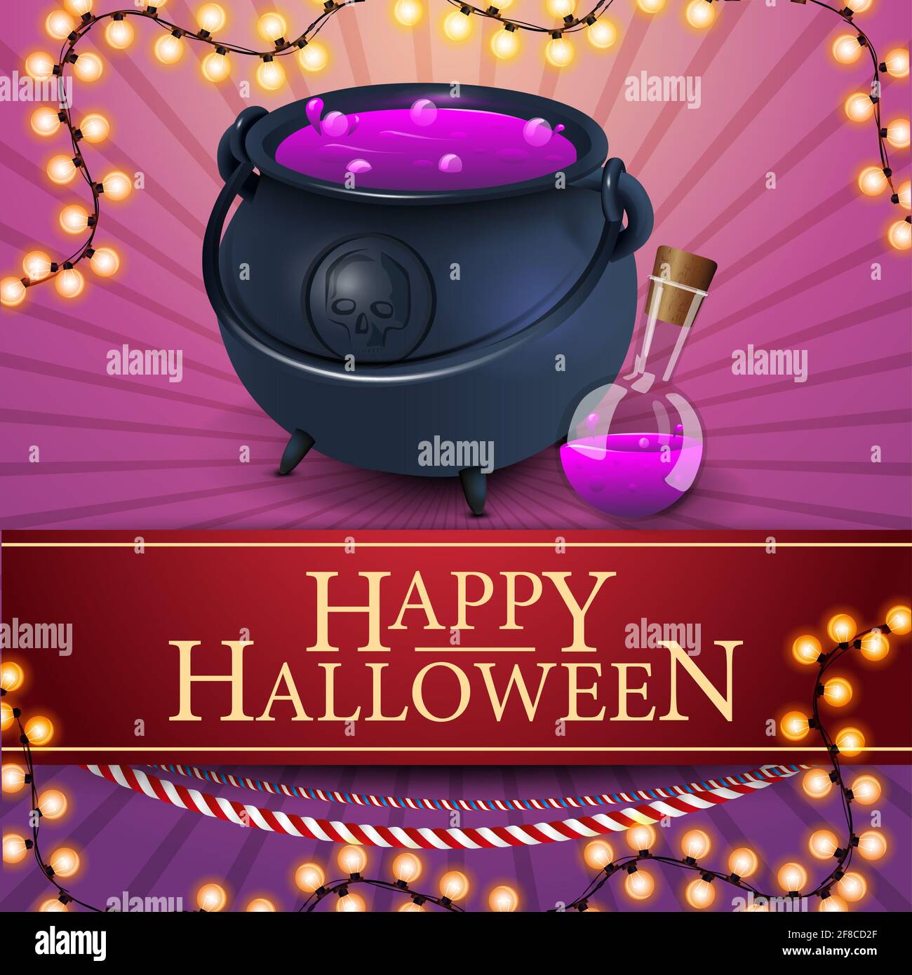 Happy Halloween, square greeting pink card with witch's cauldron with ...