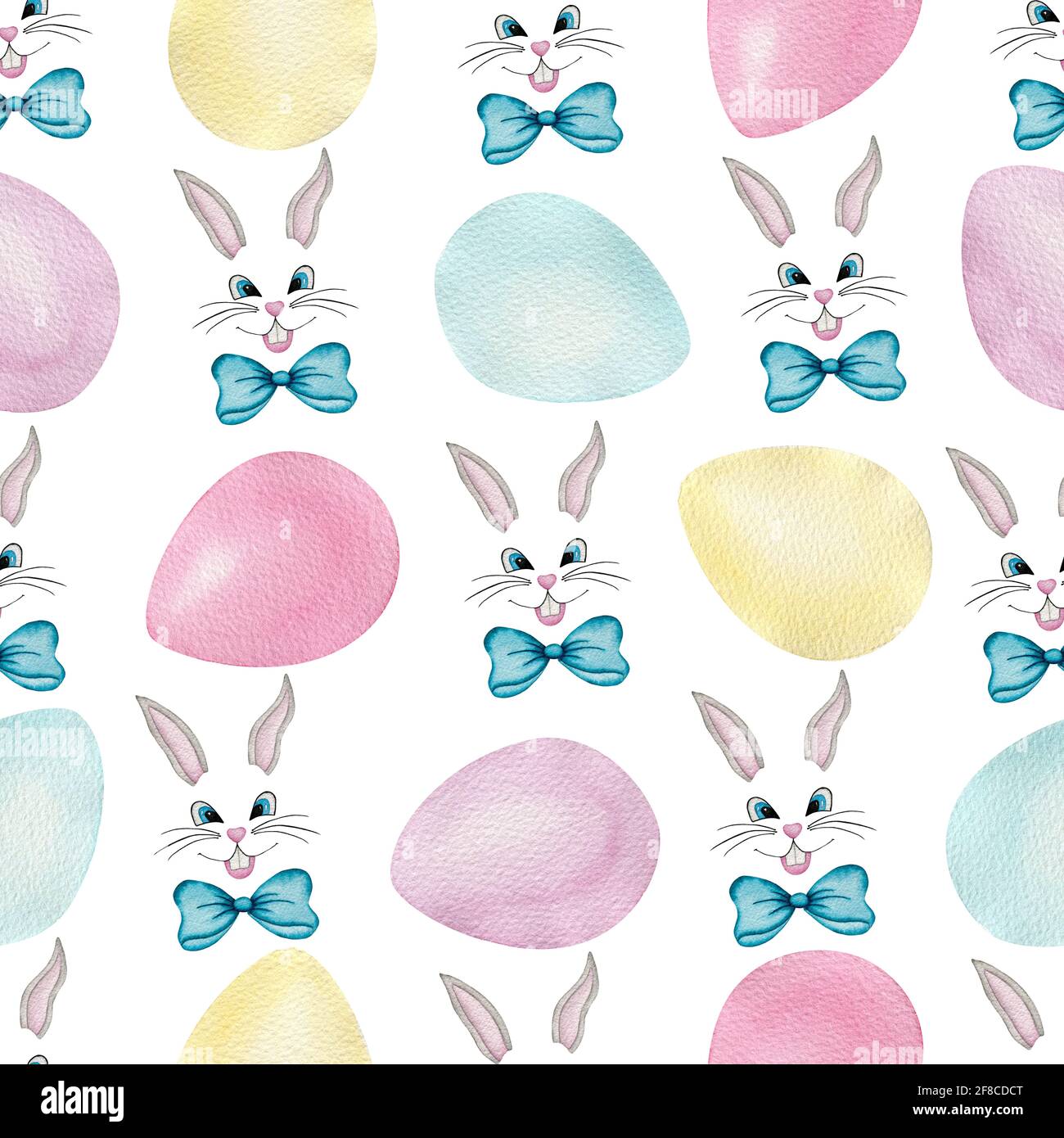 Easter seamless pattern with watercolor cute cartoon bunnies faces and ...