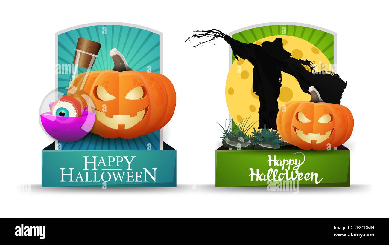 Happy Halloween, two greetings vertical cards with pumpkin Jack, witch ...