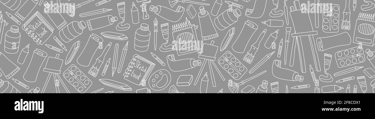 Art supplies seamless pattern. Hand drawn doodles on gray background ... Art supplies seamless pattern. Hand drawn doodles on gray background ...