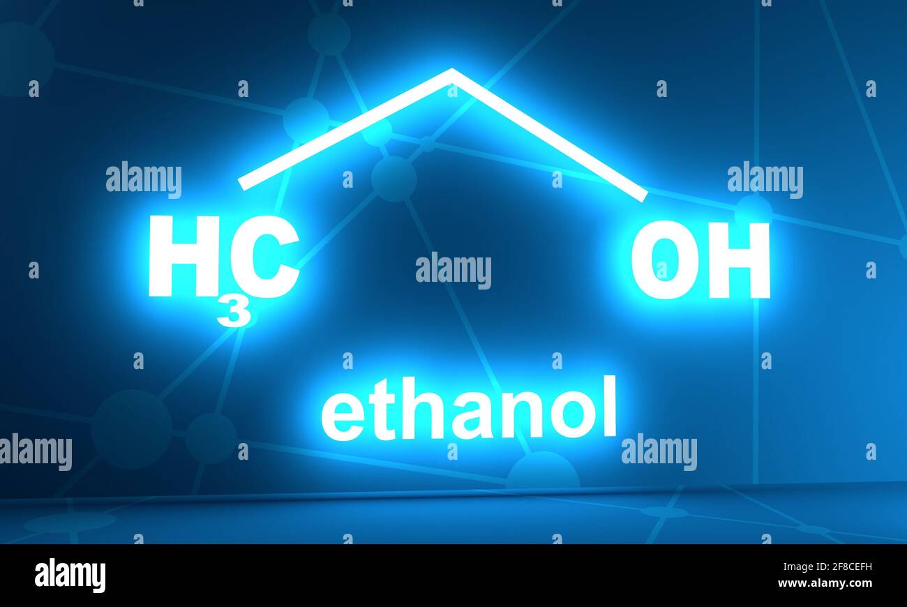 Structural chemical formula of ethanol molecule. 3D rendering. Neon ...