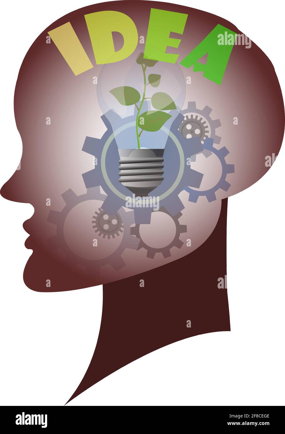 Vector human head silhouette with gears inside the mind and green sprout-awakening of idea or ...