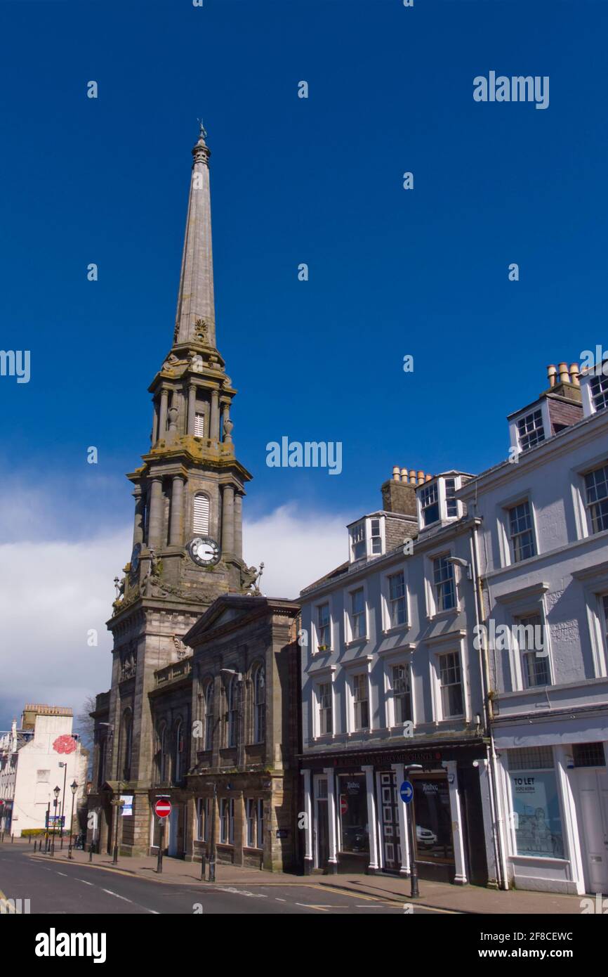 Ayr town hall spire dominates the Sandgate in the old town, Ayr ...