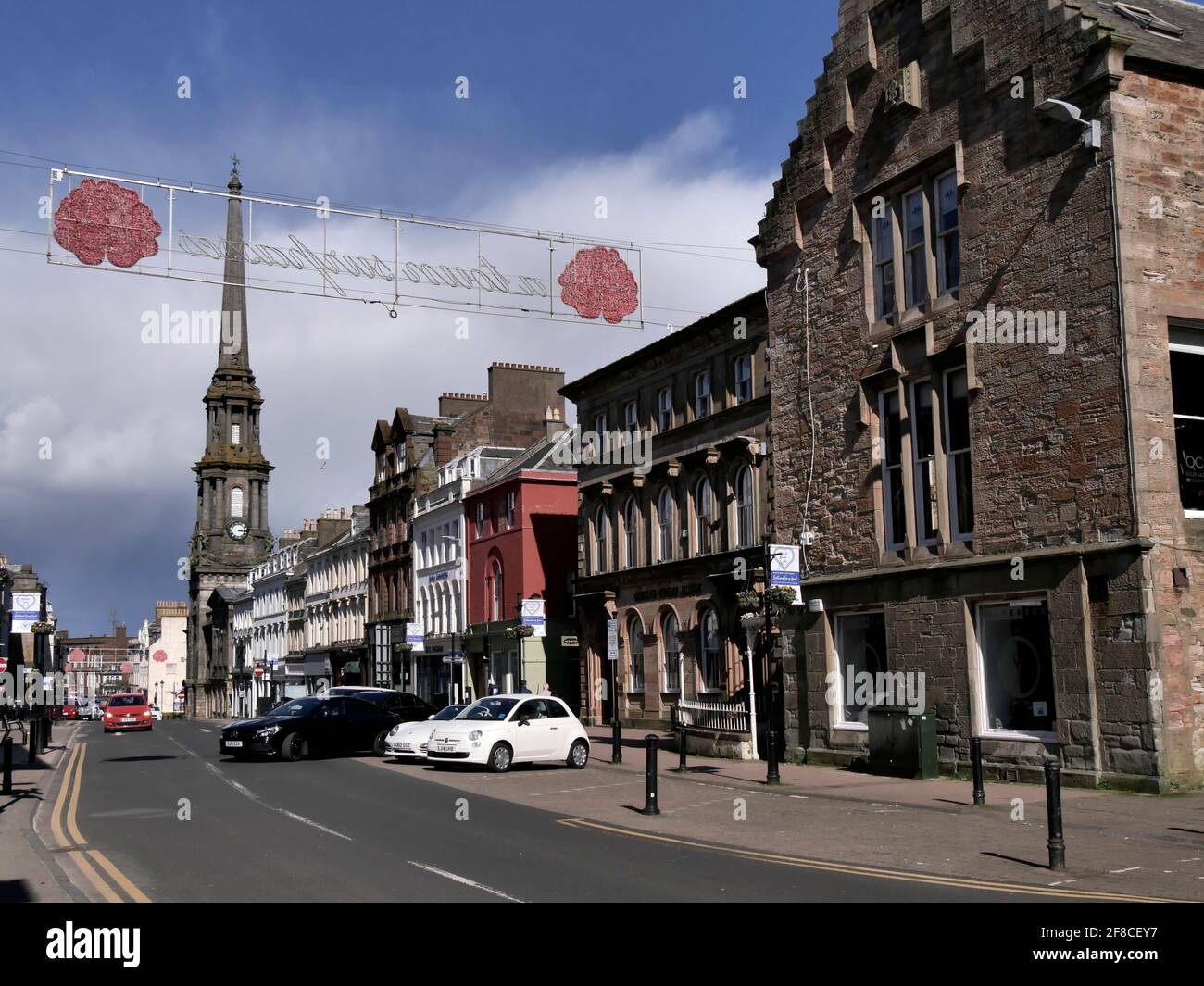 Ayr town hall spire dominates the Sandgate in the old town, Ayr ...