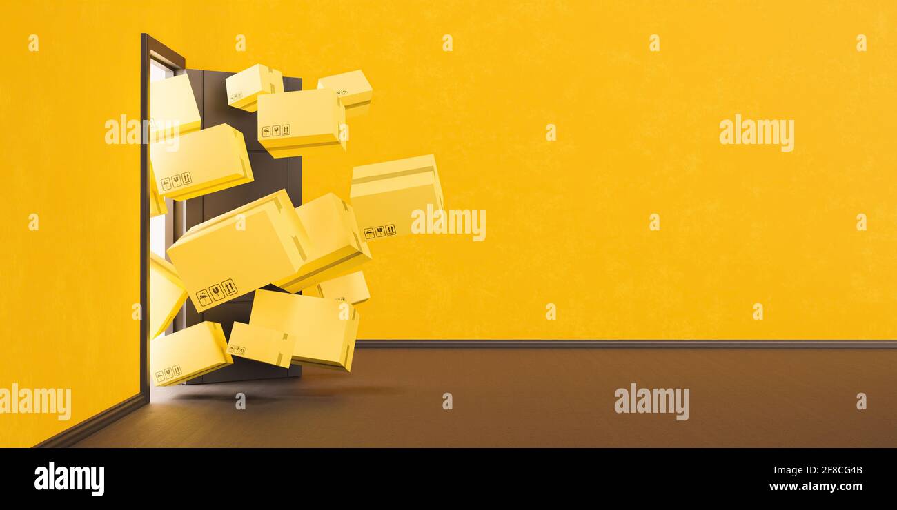 many delivery boxes entering through a door in an empty room Stock ...