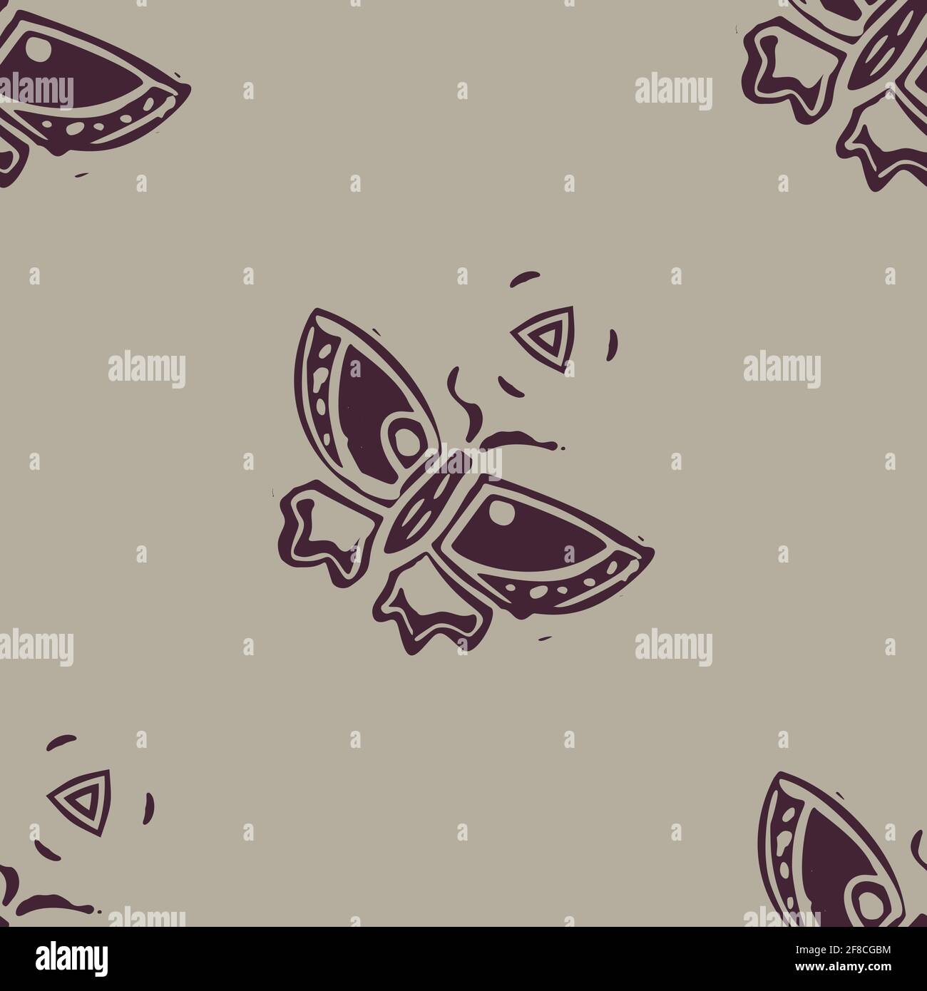 Handmade carved block butterfly insect print seamless pattern. Rustic ...