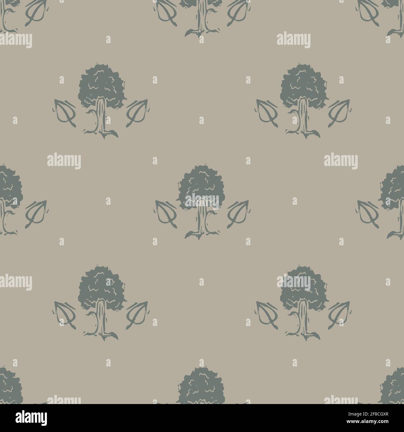 Handmade carved forest tree block print seamless pattern. Rustic ...