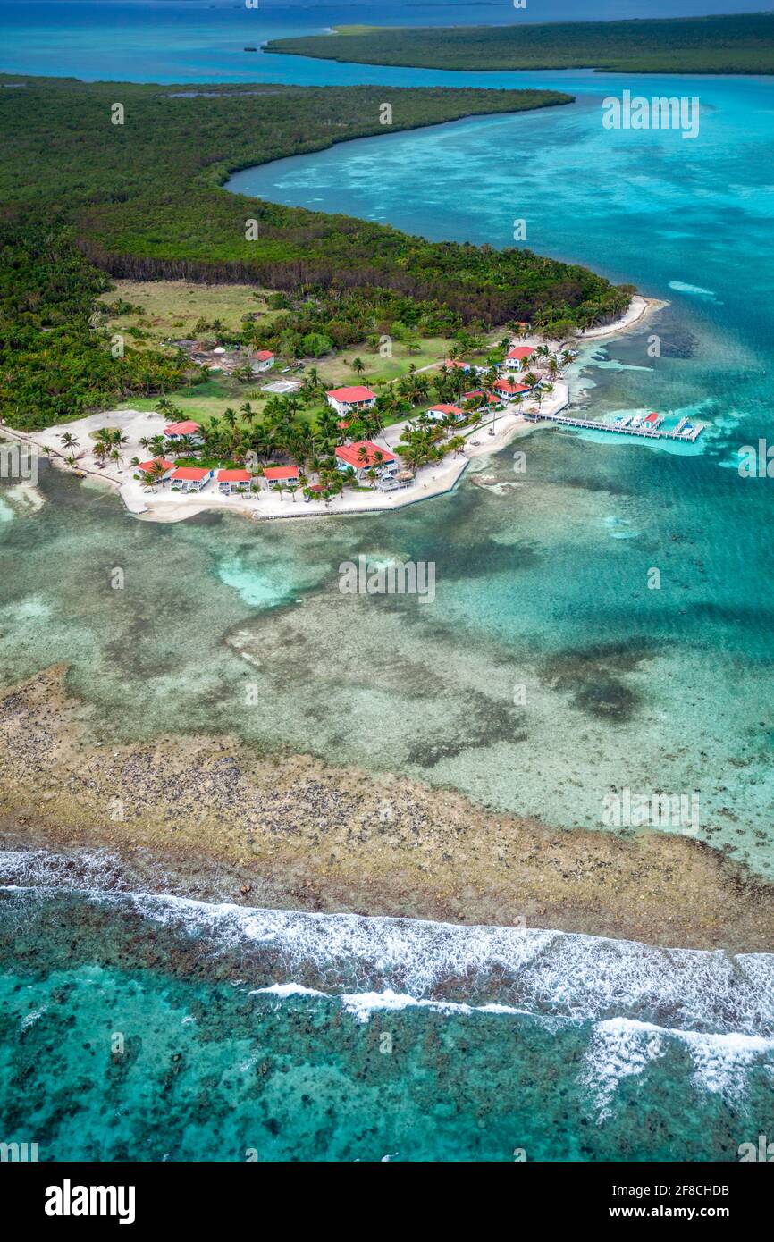 Aerial view of Turneffe Flats fishing and diving resort, Turneffe atoll ...