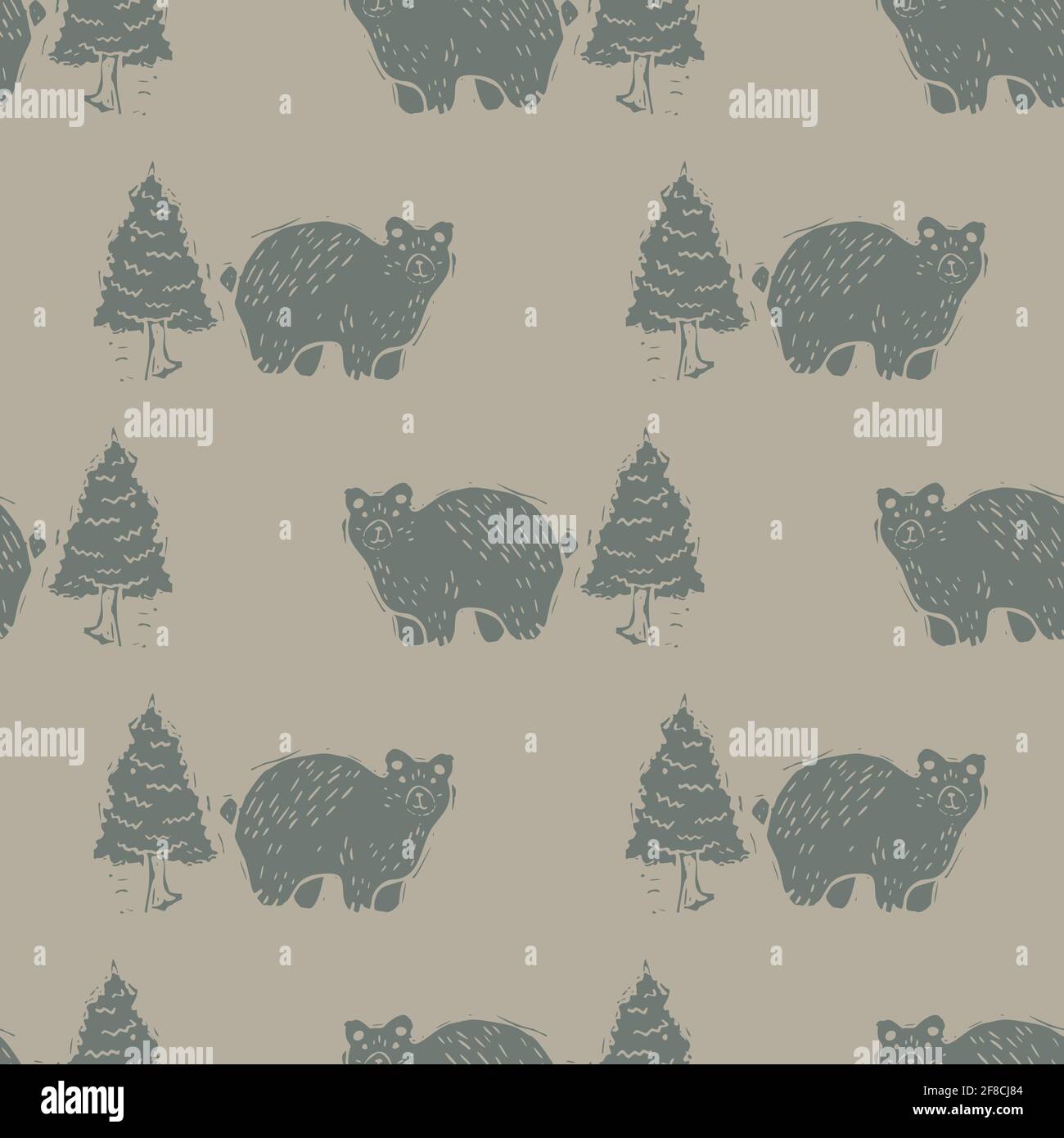 Handmade carved block print bear seamless pattern. Rustic heritage folk ...
