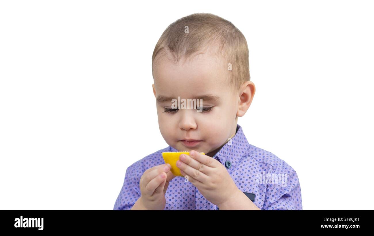 Preschool boy eating sour lemon isolated white background Stock Photo ...