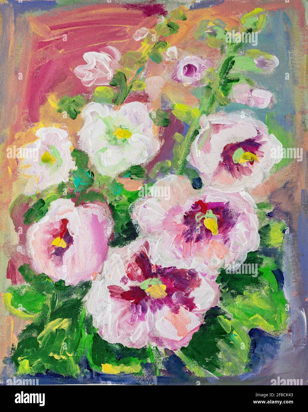 Acrylic or oil painting on canvas. Blooming white mallow Stock Photo ...