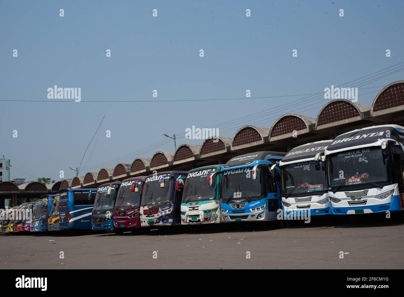Dhaka, Dhaka, Bangladesh. 13th Apr, 2021. Buses are kept in a row ...