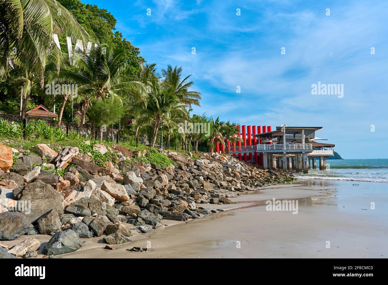 A restaurant building on the oceanfront of a tropical island Stock ...