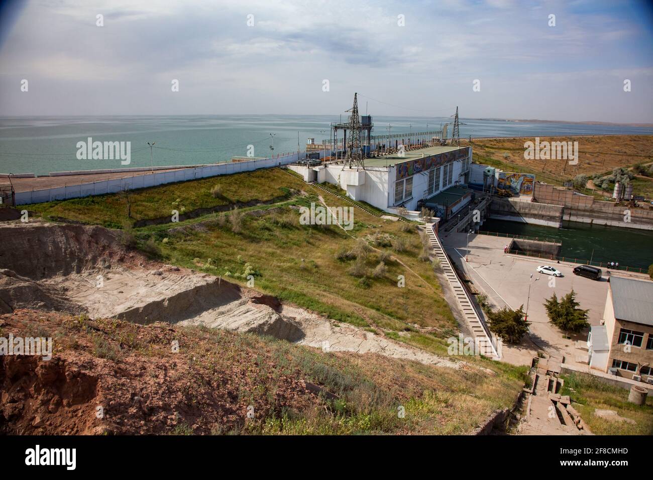 Shardara hydroelectric plant. Dam, main building, substation and ...