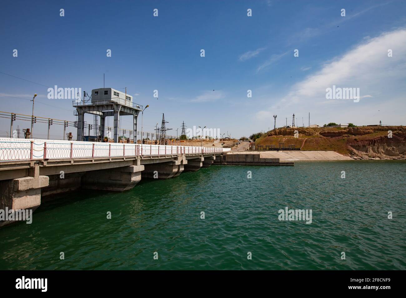 Panorama of hydroelectric power plant and Shardara river, water storage ...