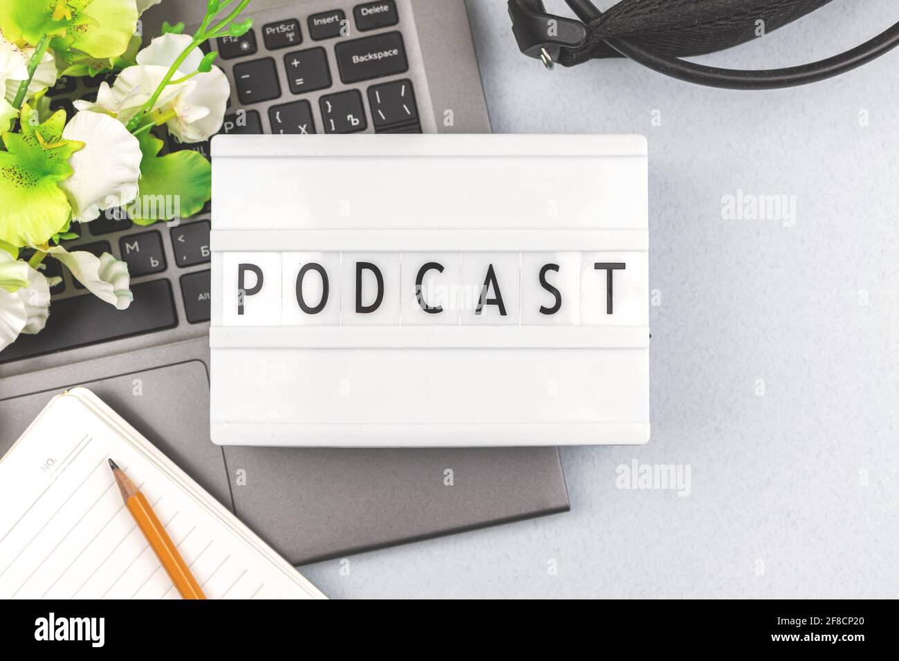 Podcast background, broadcasting flat lay, concept with technical ...