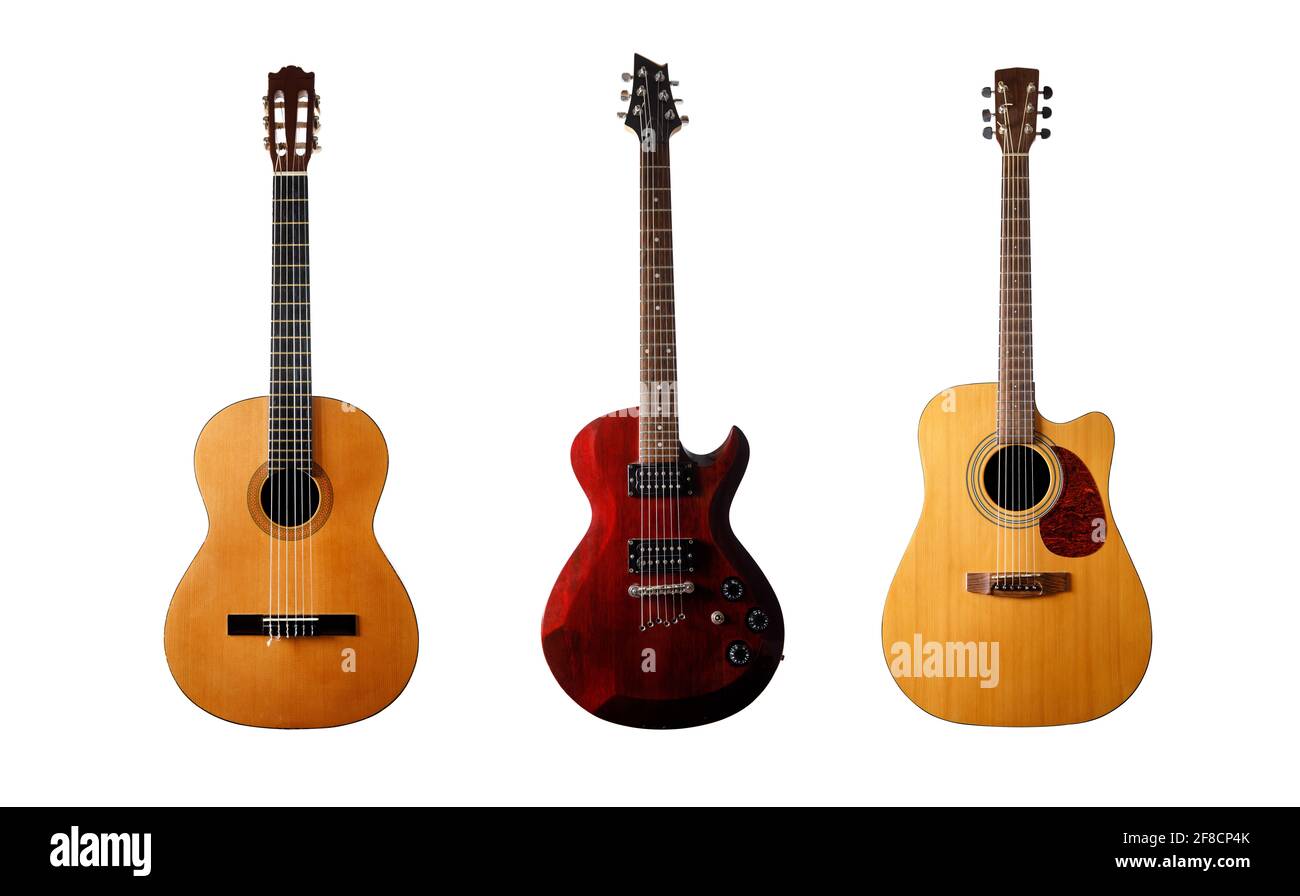 Collection of three guitars on a white isolated background Stock Photo ...