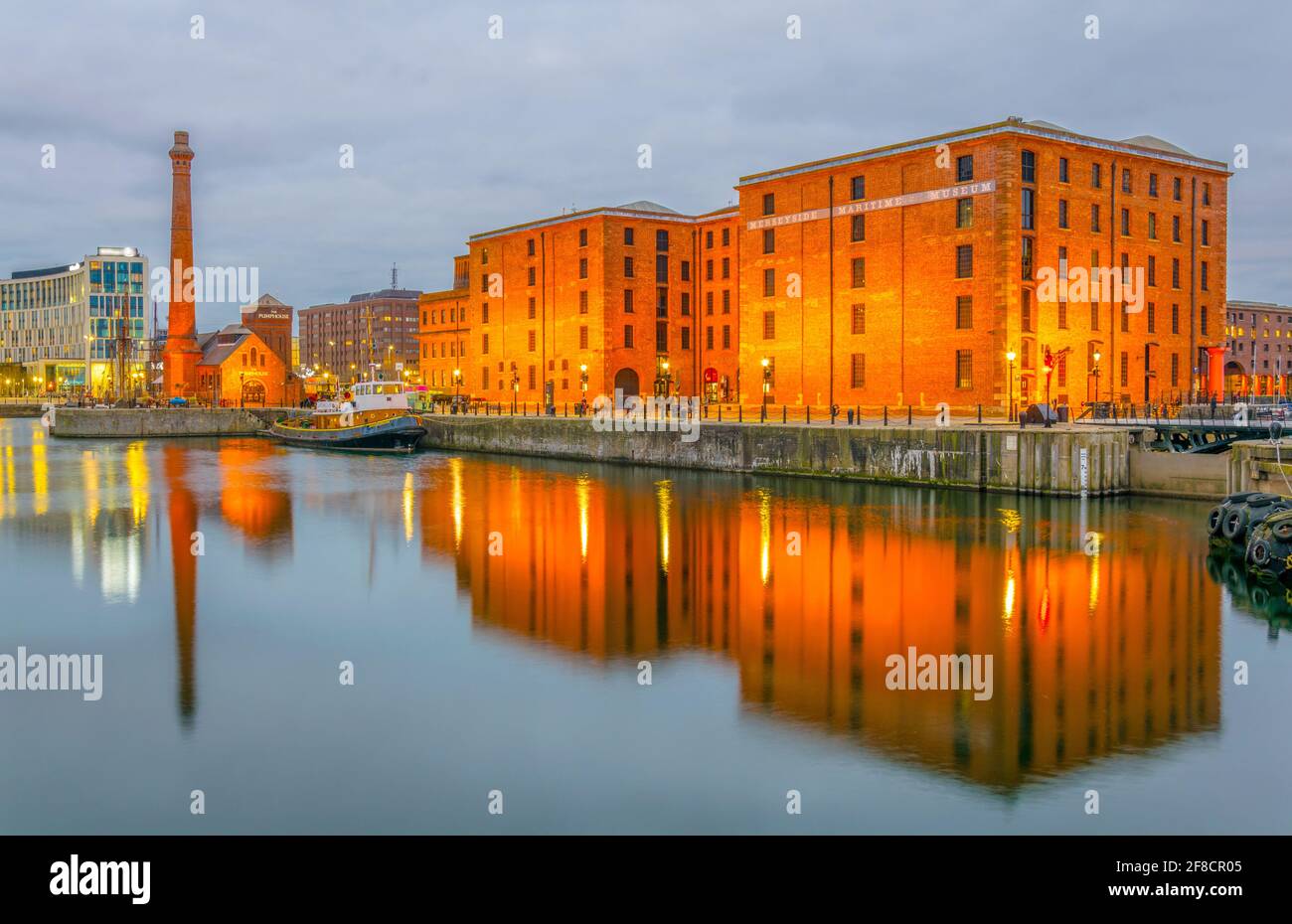 Night view of albert dock and the pump house in liverpool, England ...