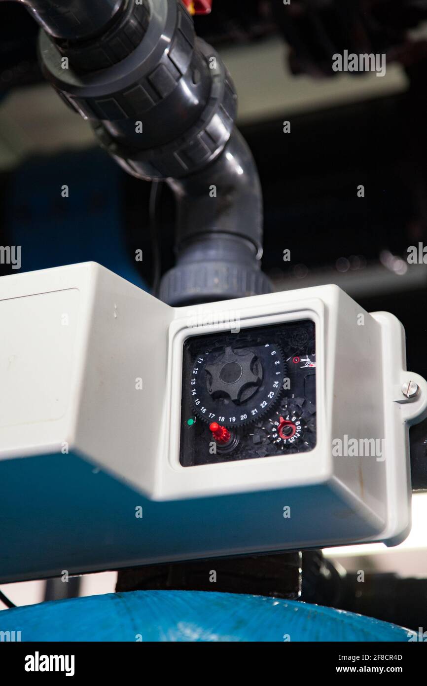 Modern water purification and filtration station. Water flow measuring ...