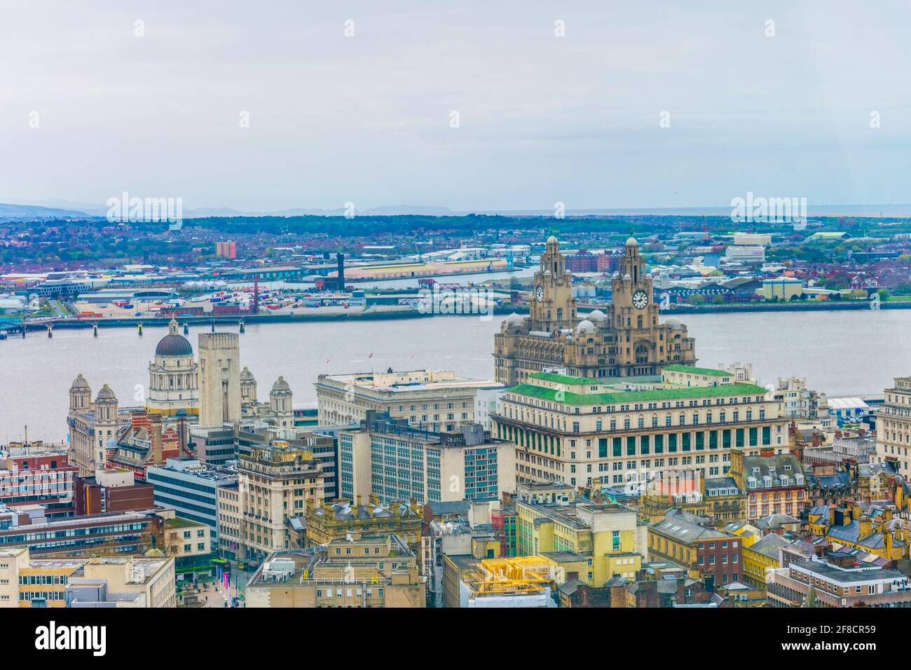 Aerial view of liverpool including three graces, England Stock Photo ...