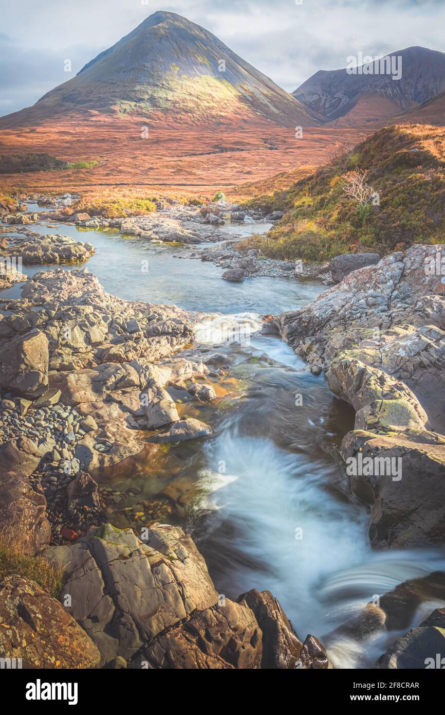 Scenic landscape view of the Glamaig peak in Red Cuillin mountains and ...