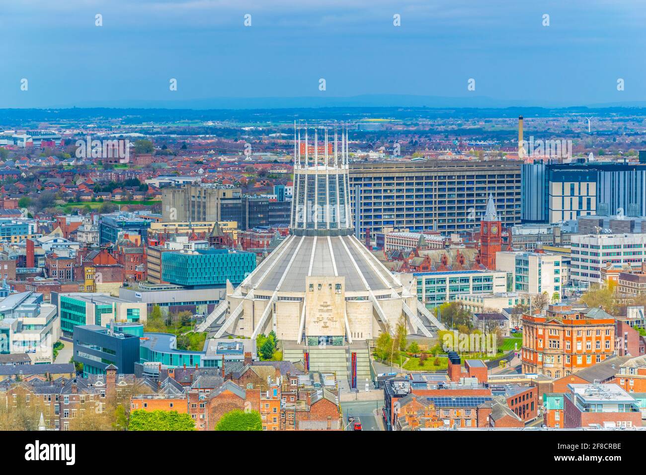 Aerial view of Liverpool including the metropolitan cathedral, England ...