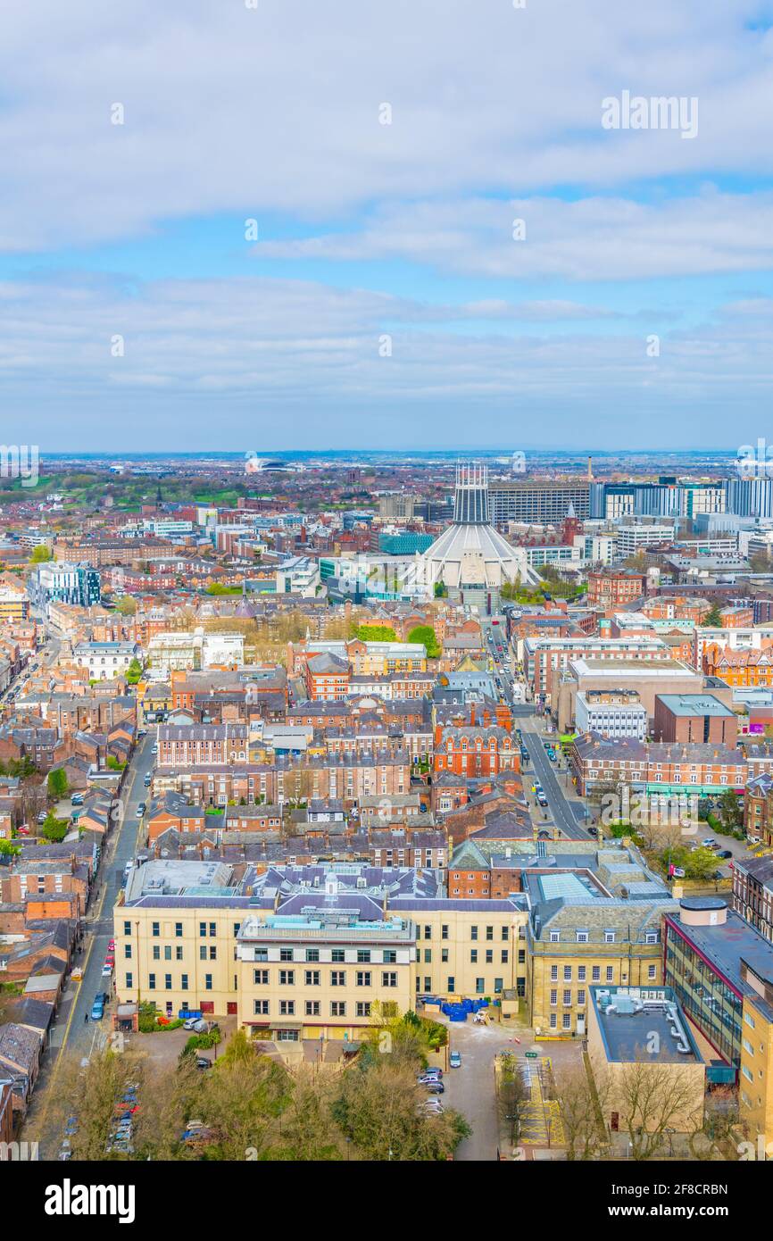 Aerial view of Liverpool including the metropolitan cathedral, England ...