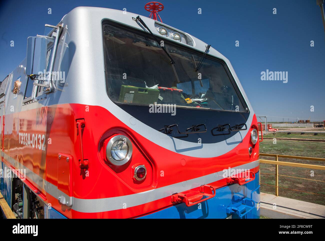 New diesel locomotive outdoor. Close-up of cabin. Kazakhstan, Nur ...