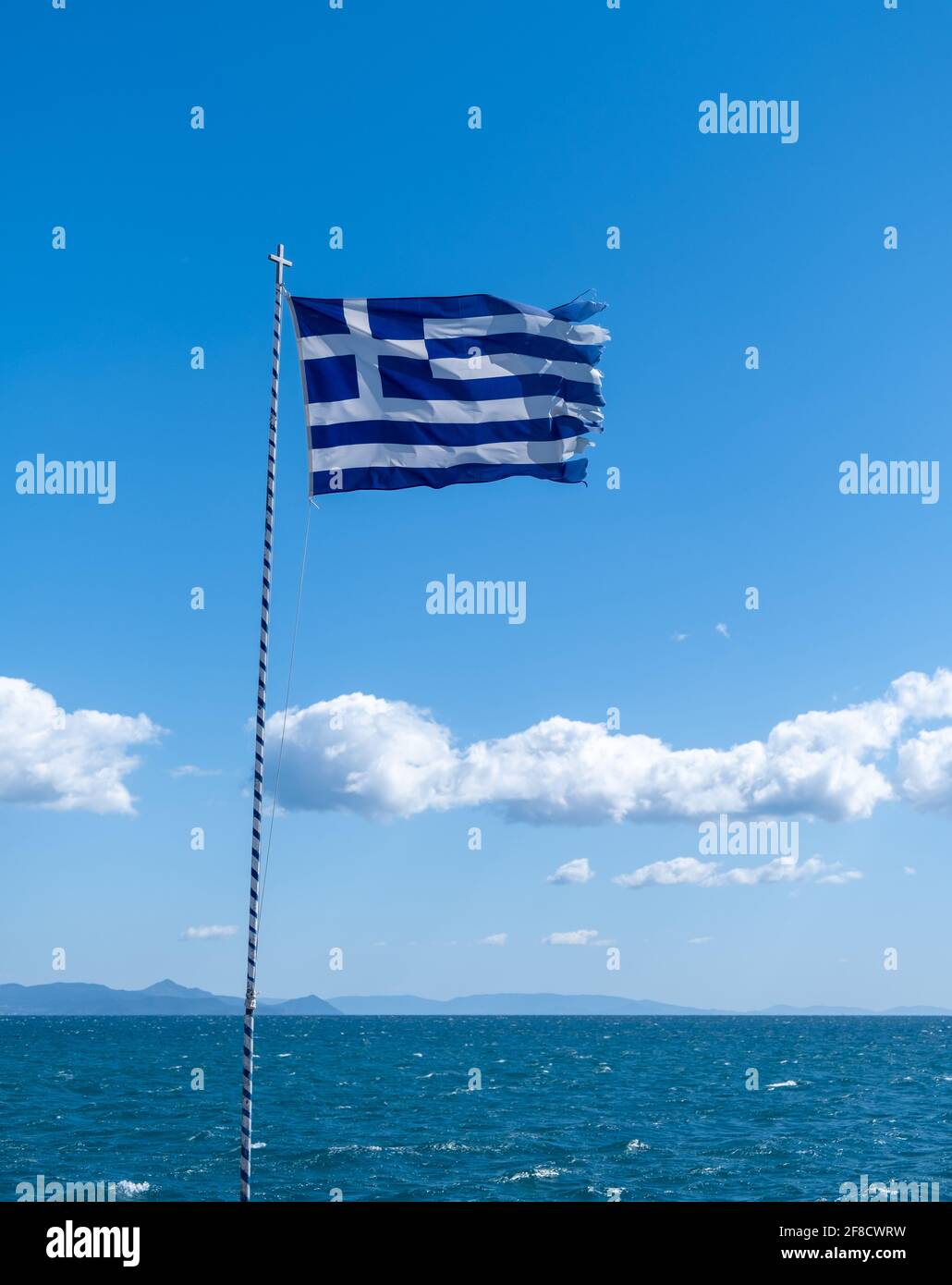 Greece sign symbol. Greek flag on flagpole waving in the wind over ...