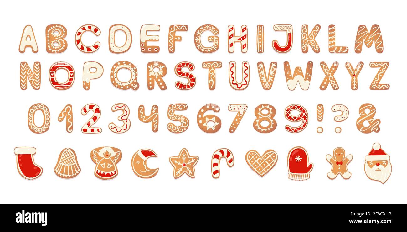 Christmas gingerbread cookies alphabet with figures. Biscuit letters ...