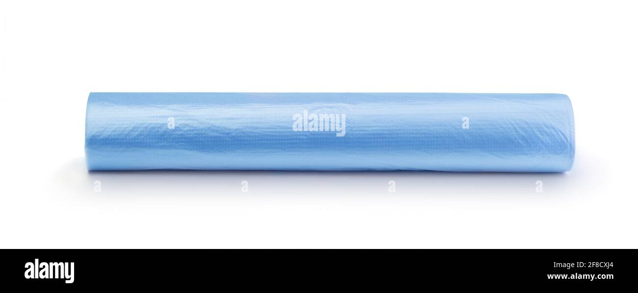 Roll of blue plastic garbage bags isolated on white. Front view Stock ...
