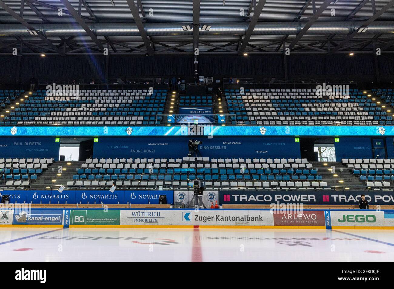 Bossard Arena in Zug. April 13, 2021, EVZ choreography by the Zug fans ...