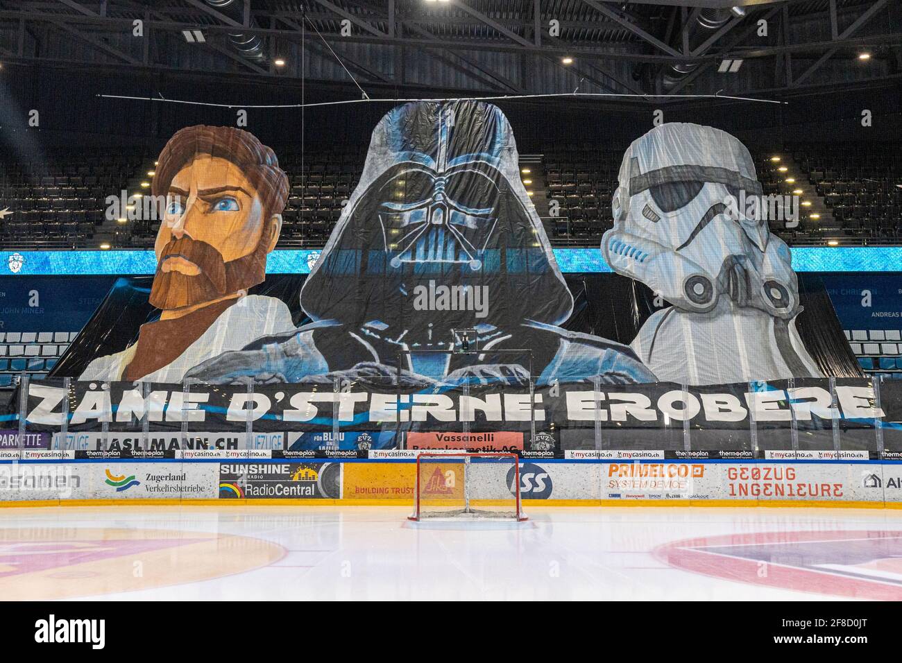 Bossard Arena in Zug. April 13, 2021, EVZ choreography by the Zug fans ...