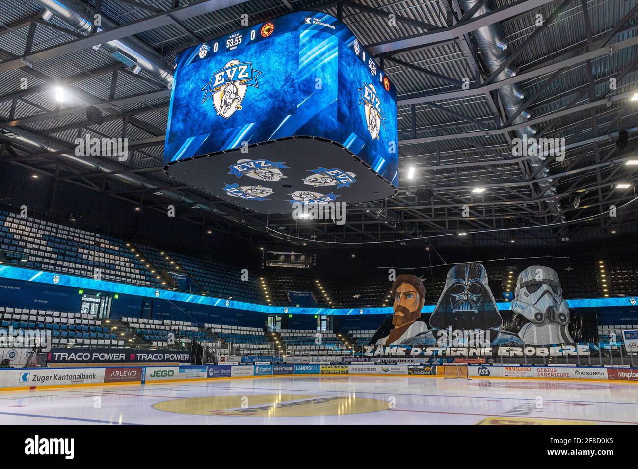 Bossard Arena in Zug. April 13, 2021, EVZ choreography by the Zug fans ...