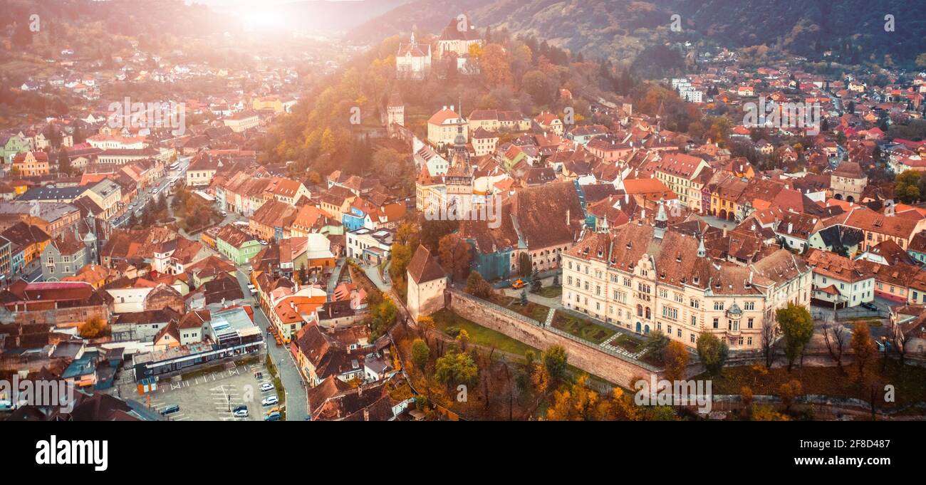 Panorama of colorful Sighisoara from drone Stock Photo - Alamy
