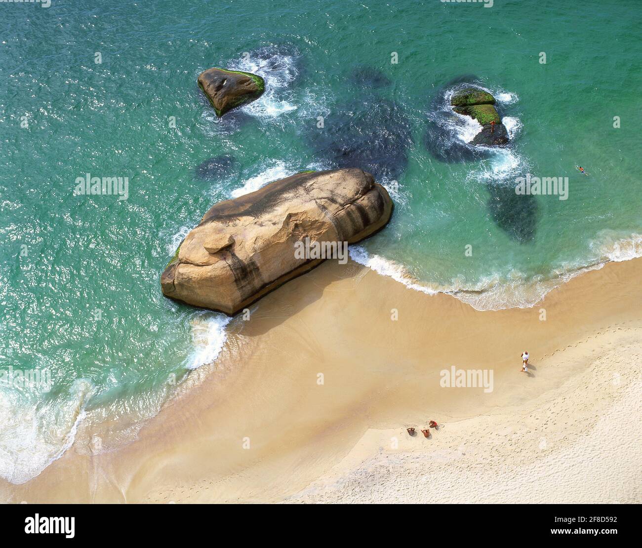 Aerial view of beach and rocks, Praia do Vidigal, Rio de Janeiro ...