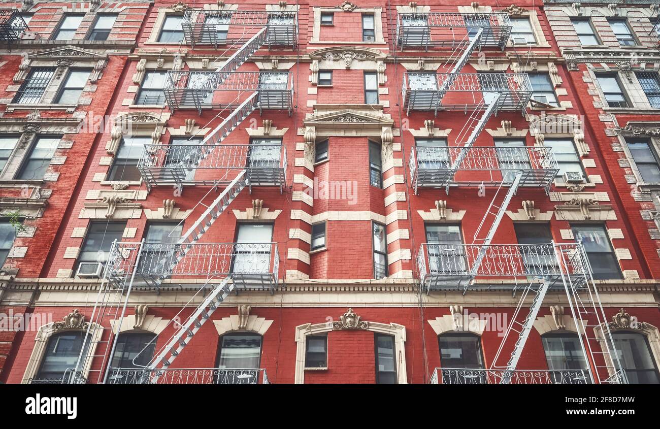 Old red brick building with iron fire escapes, New York City, USA Stock ...
